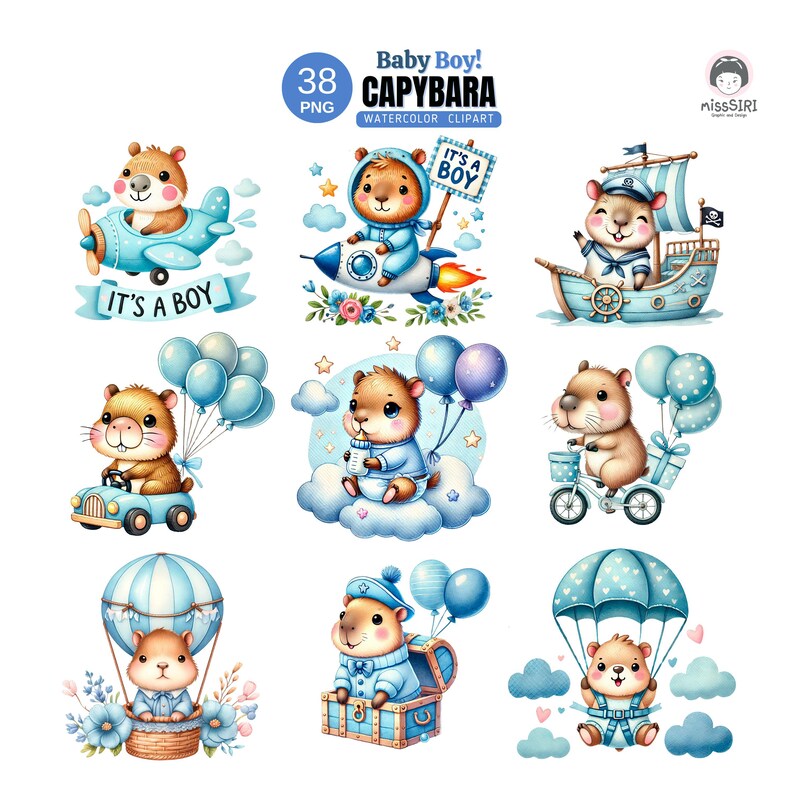Baby Boy Capybara Watercolor Clipart Set – 38 PNG Files for Baby Shower ...