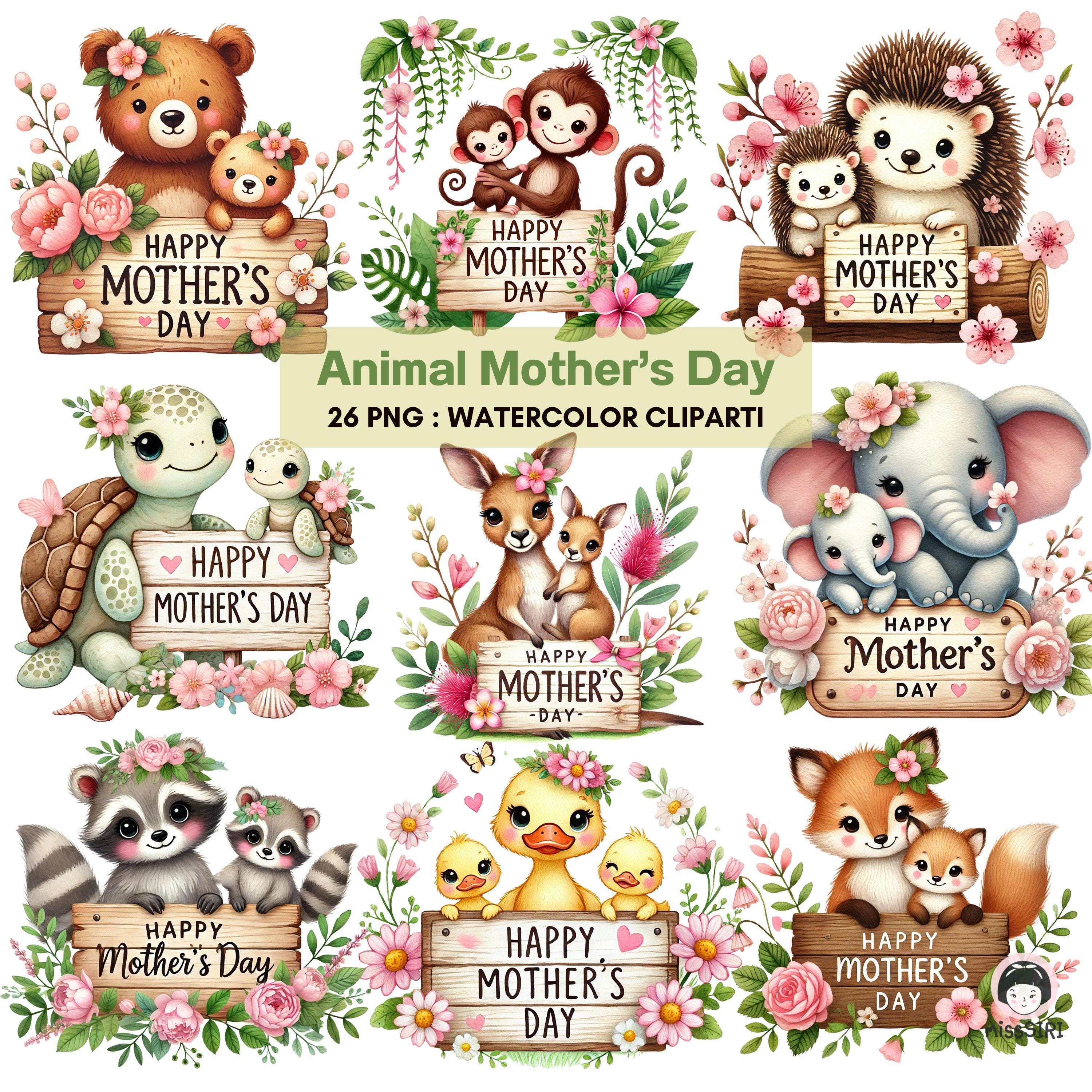 Animal Mother’s Day Clipart Set | 26 Watercolor Pngs of Cute Mom and ...