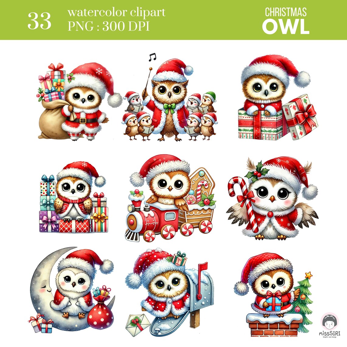 Christmas Owl Watercolor Clipart Set – 33 PNG Holiday Graphics (digital ...