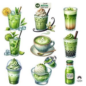 Matcha Lover Watercolor Clipart – 45 PNG Delicious Green Tea Desserts ...