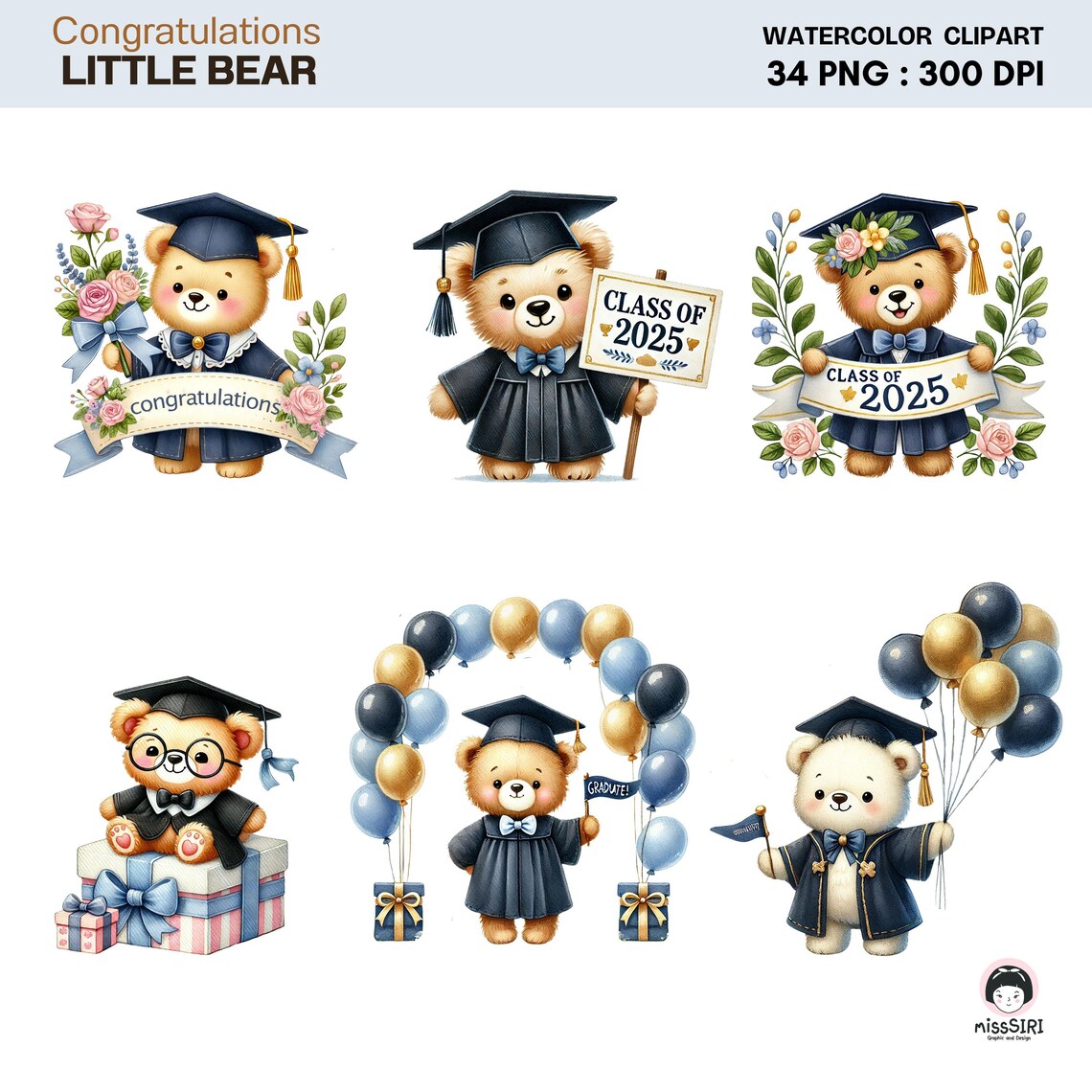 Little Bear Graduation Clipart Set | 34 Watercolor Pngs of Cute Bears ...