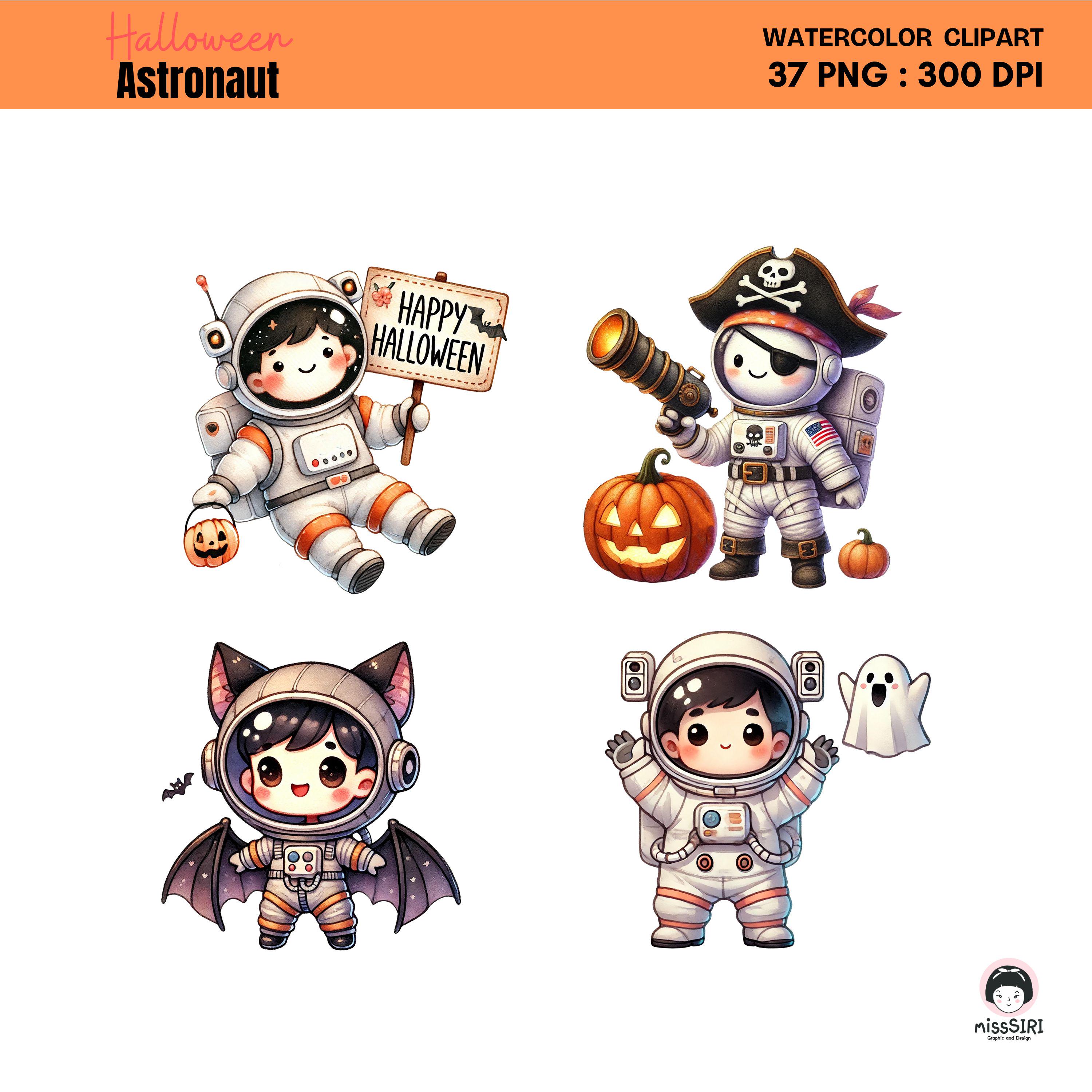 Halloween Astronaut Clipart Bundle | 37 Watercolor Pngs for Spooky ...
