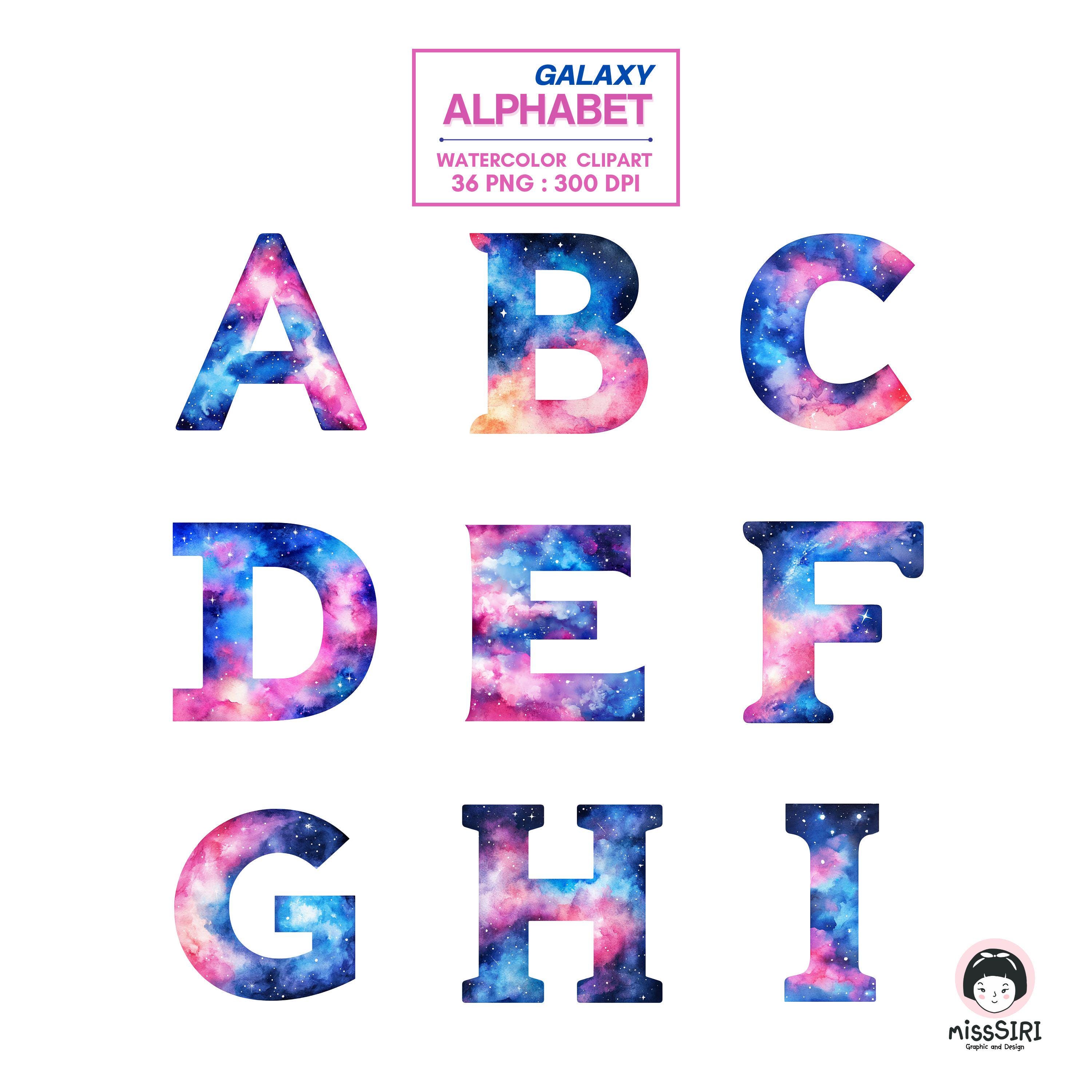 Galaxy Alphabet Watercolor Clipart, 36 PNG Letters and Numbers, Cosmic ...