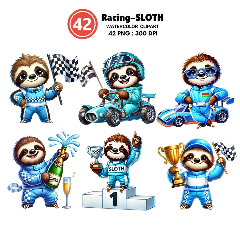 Racing Sloth Watercolor Clipart Bundle – 42 Cute Pngs of Cartoon Sloths ...