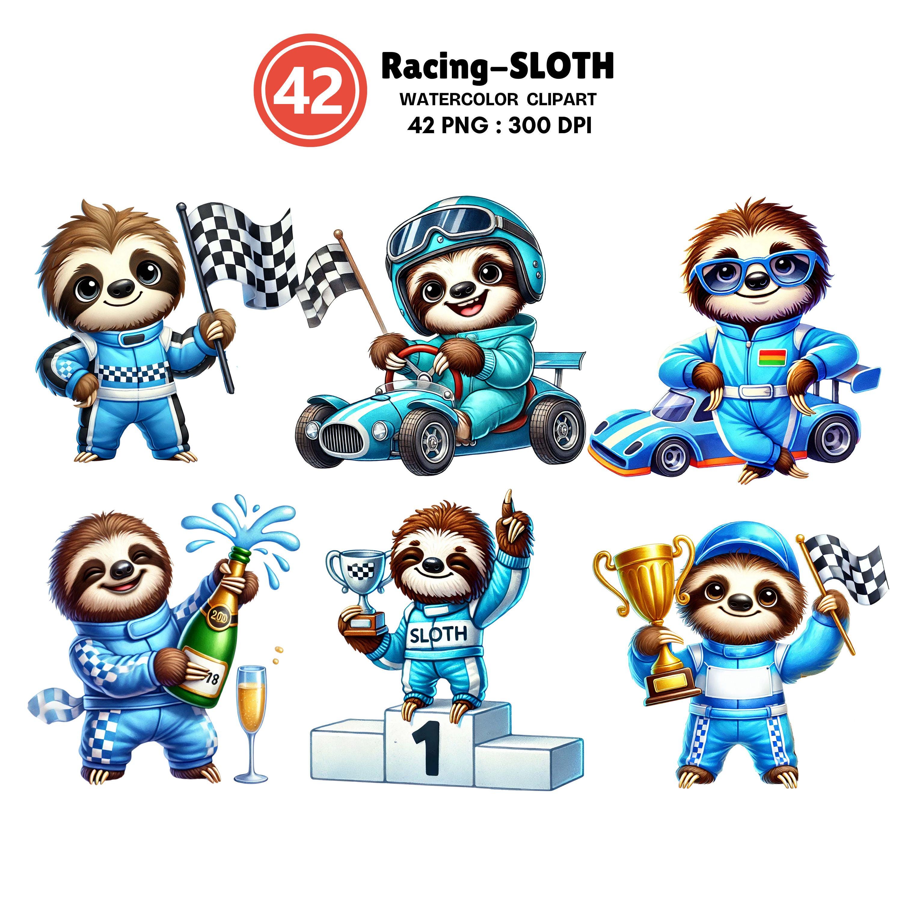 Racing Sloth Watercolor Clipart Bundle – 42 Cute Pngs of Cartoon Sloths ...