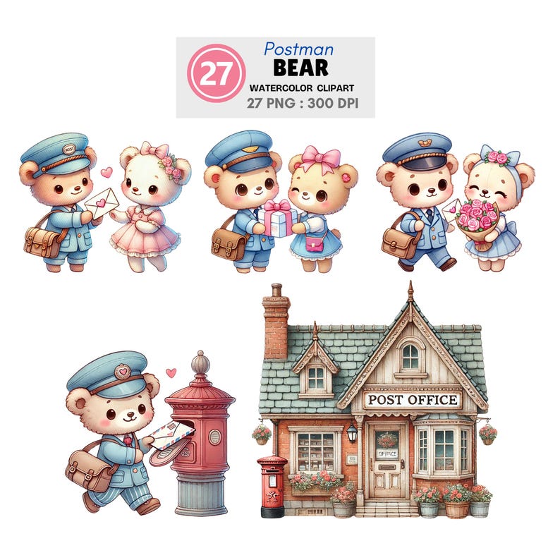 Valentine Postman Bear Clipart Set | 27 Watercolor Pngs for Love ...