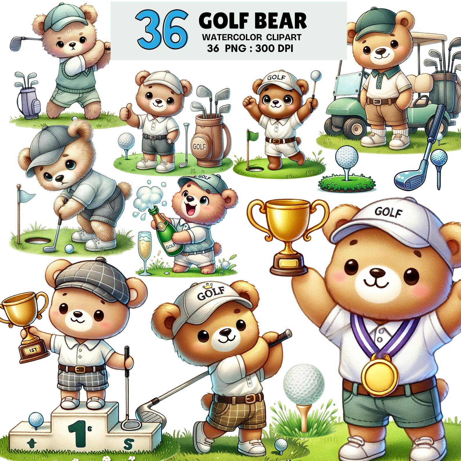 Golf Bear Watercolor Clipart Set – 36 Adorable Golfing Bear Pngs With ...