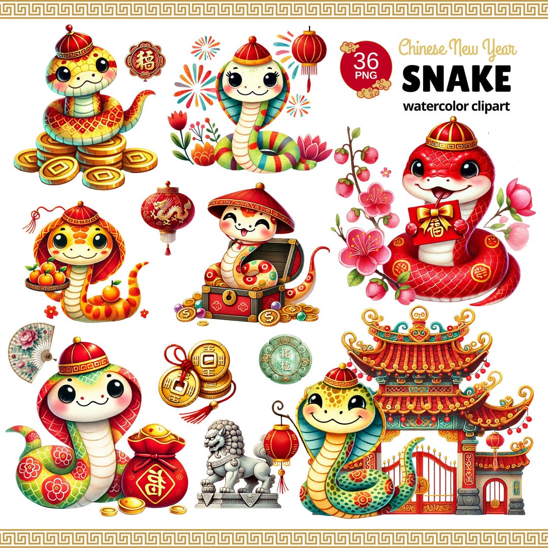 Chinese New Year Snake Watercolor Clipart Bundle, Cute Zodiac Snake PNG ...