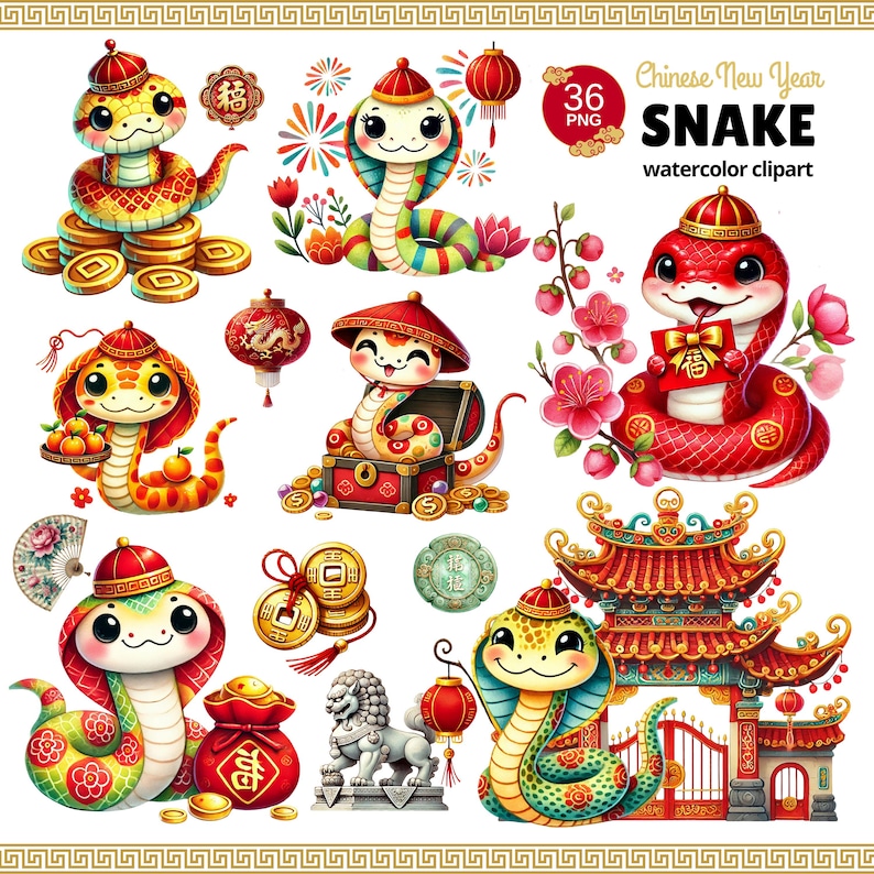 Chinese New Year Snake Watercolor Clipart Bundle (PNG) - Etsy