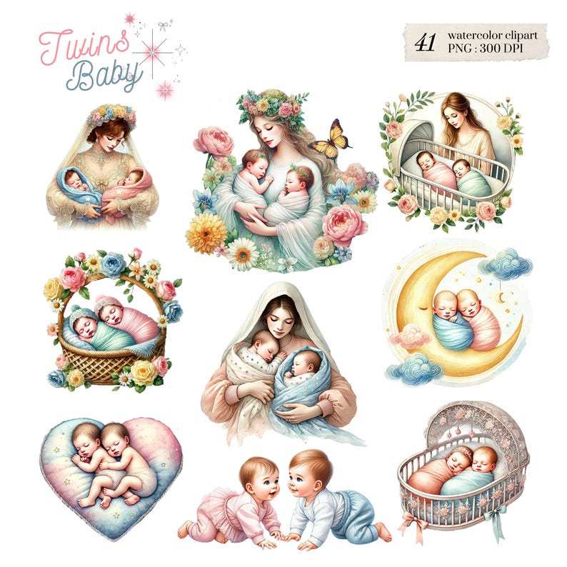 Twins Baby Watercolor Clipart Set, 41 PNG Images, Baby Shower ...