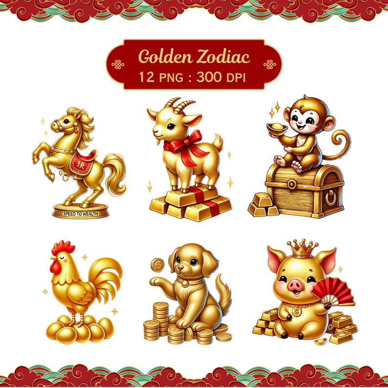 Golden Chinese Zodiac Clipart Set - 12 PNG Files, Luxury Zodiac Animal ...