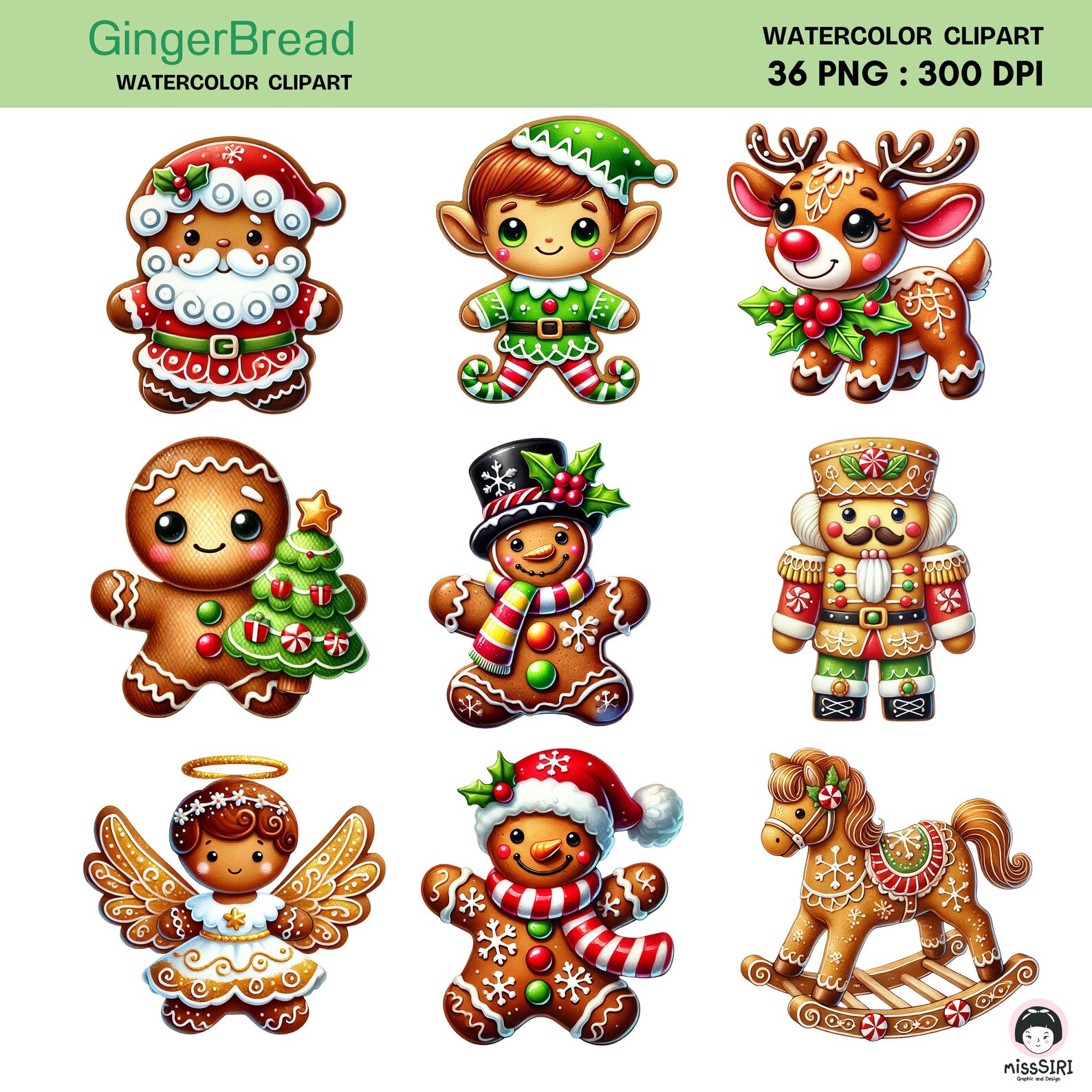Gingerbread Christmas Clipart Bundle | 36 Festive Watercolor Pngs of ...