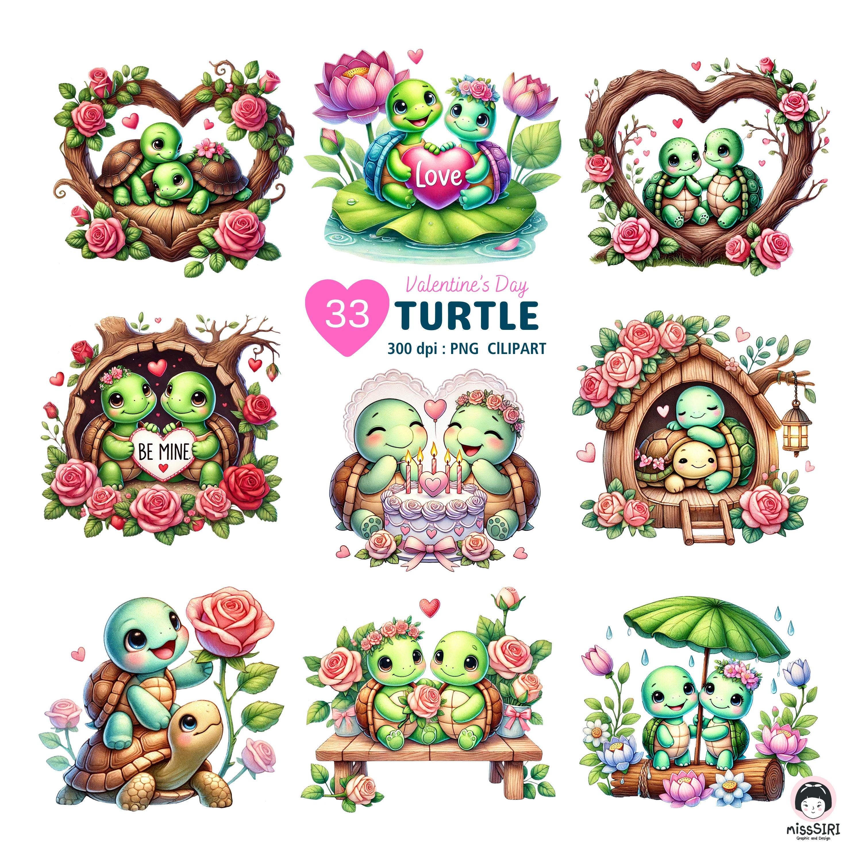 Valentine’s Day Turtle Clipart Set - 33 Watercolor Romantic Pngs, Cute ...