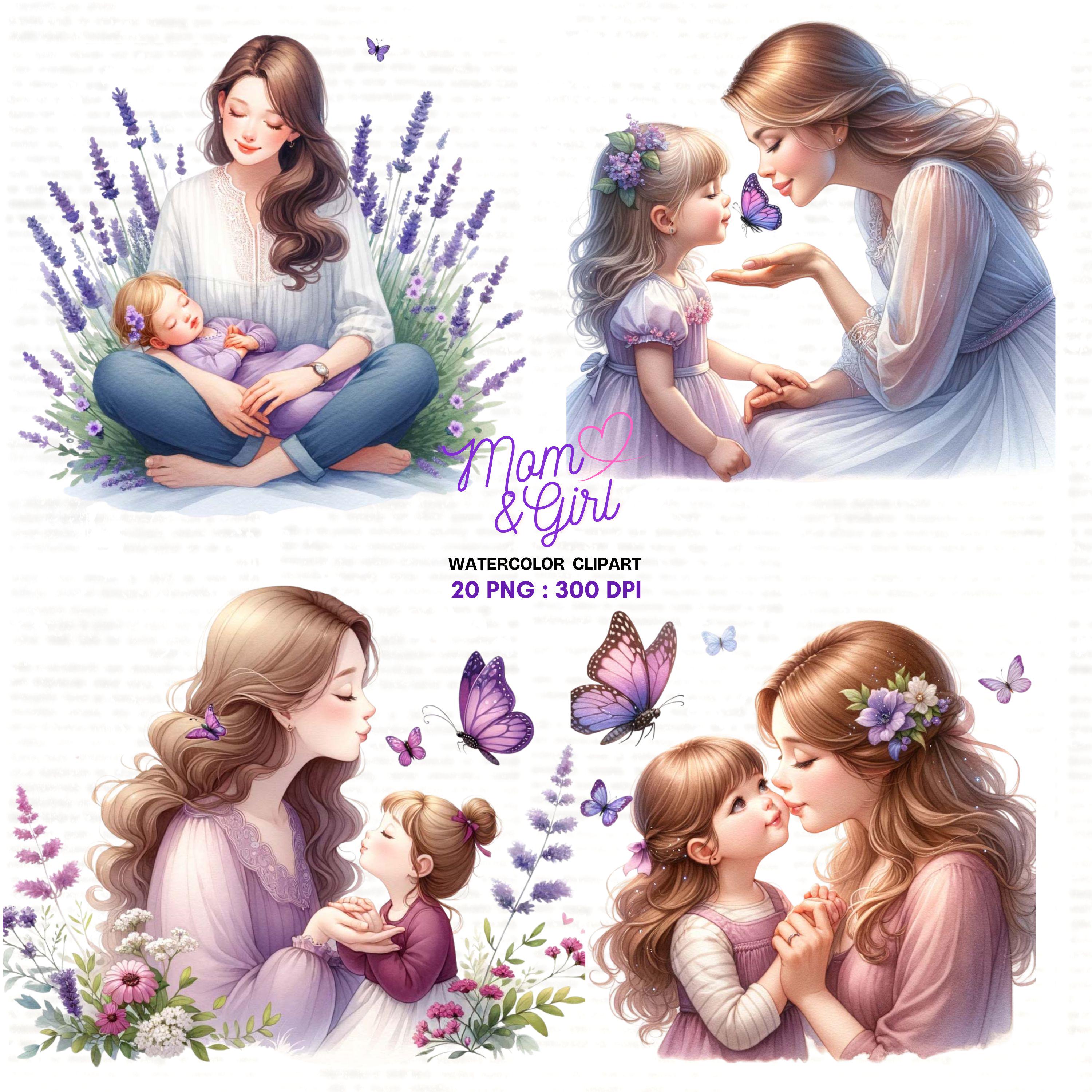 Mother and Daughter Watercolor Clipart Set – 20 Pngs of Mom and Girl ...