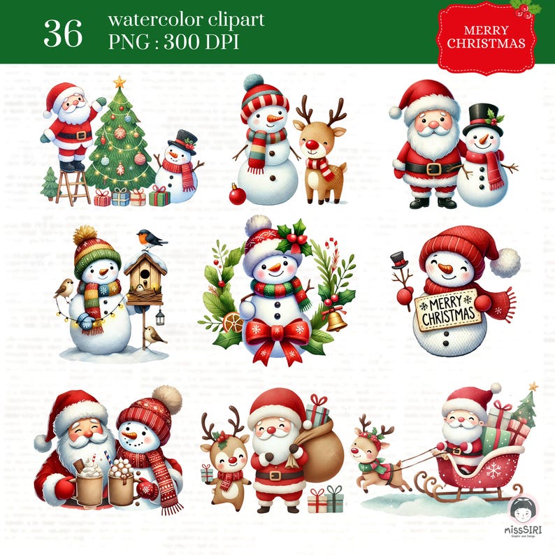Merry Christmas Santa Watercolor Clipart Bundle, 36 PNG Holiday Set ...