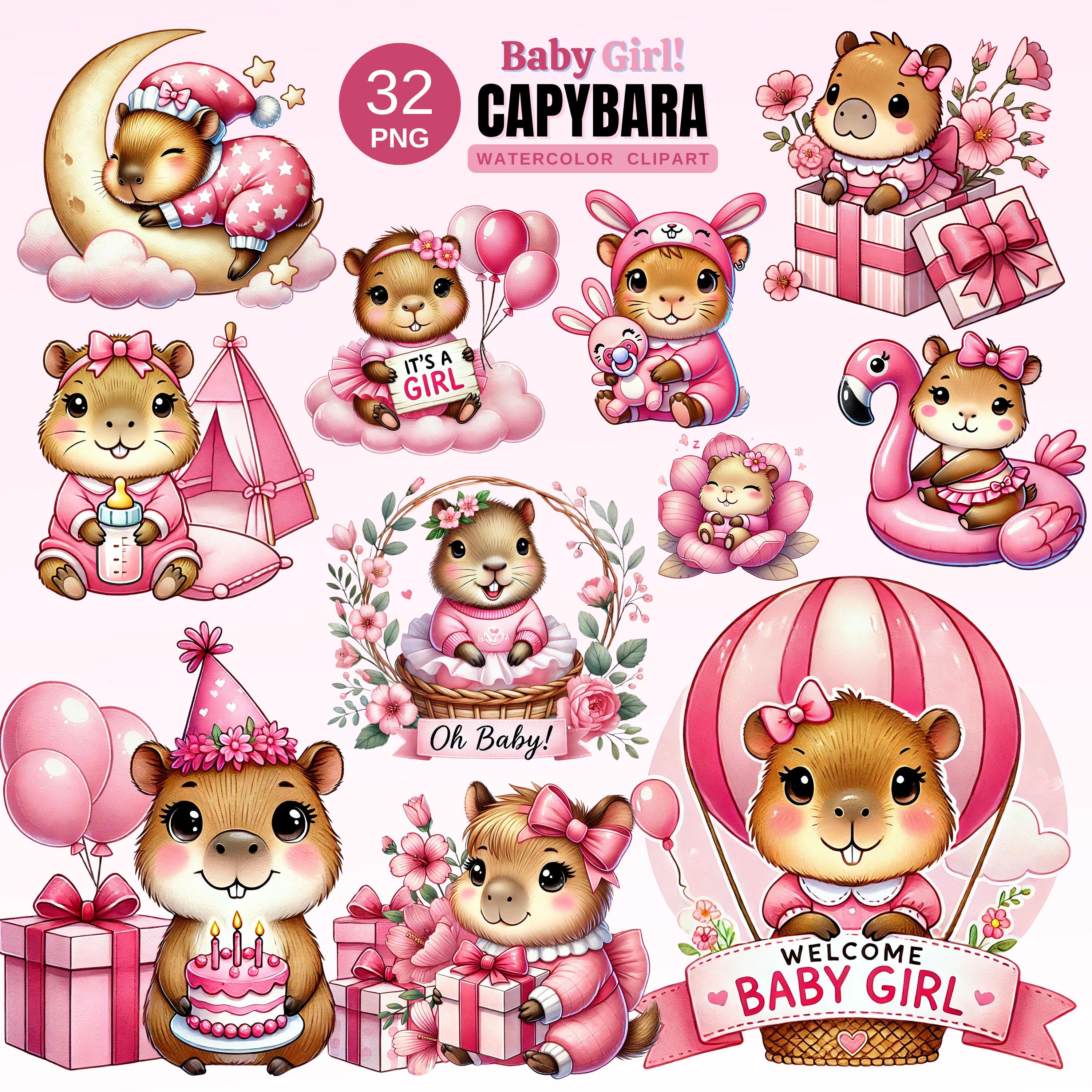 Baby Girl Capybara Watercolor Clipart Set – 32 PNG Files for Baby ...