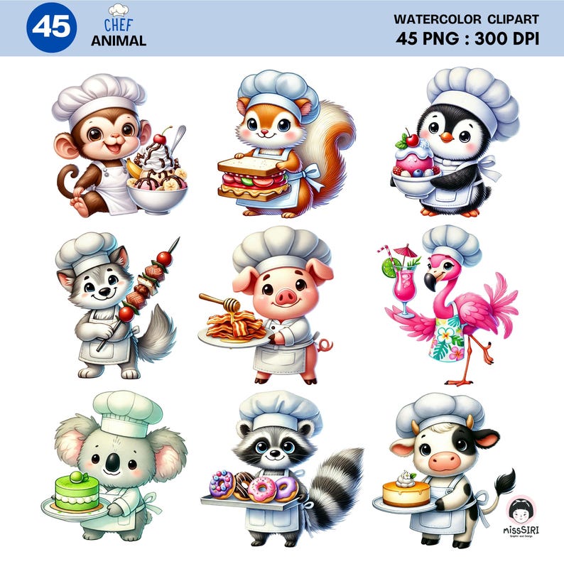 Chef Animal Watercolor Clipart Bundle – 45 Pngs of Cute Cooking Animals ...