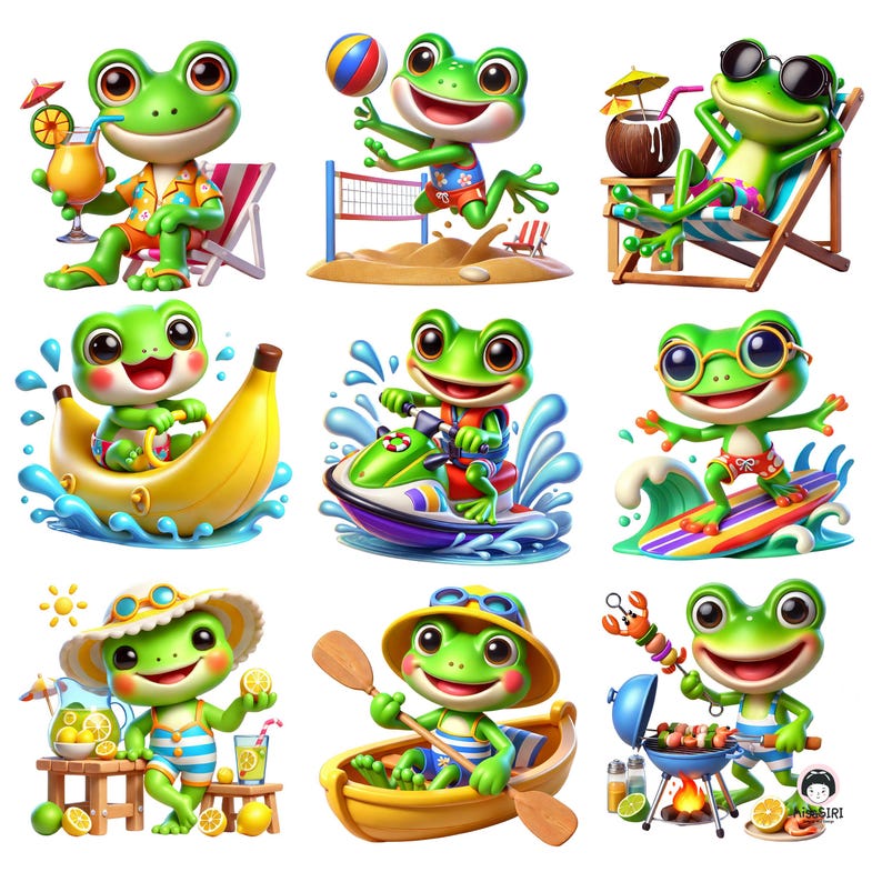 Summer Frog Watercolor Clipart Set – 42 Cute PNG Beach Frogs on ...