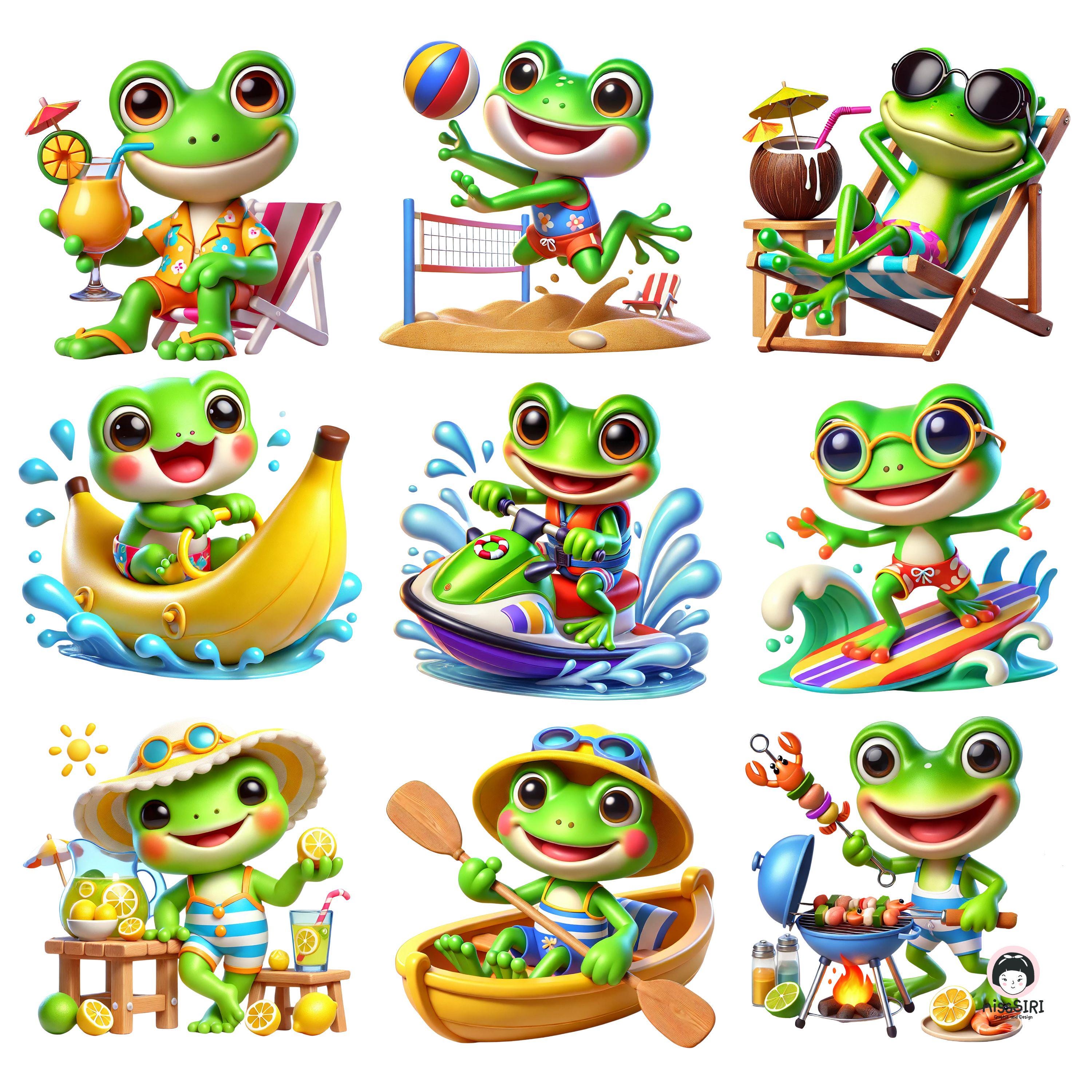 Summer Frog Watercolor Clipart Set – 42 Cute PNG Beach Frogs on ...