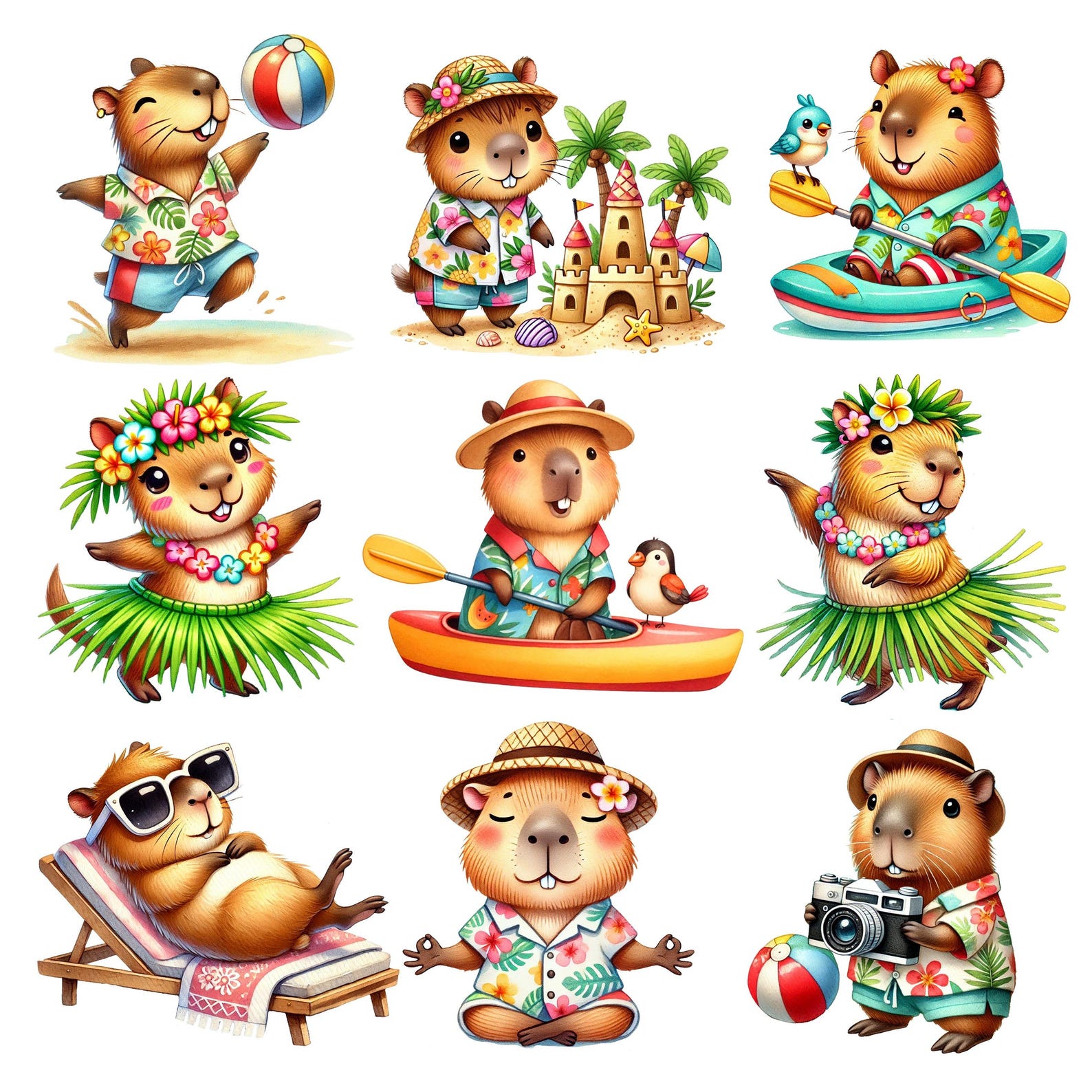 Summer Capybara Watercolor Clipart Bundle – 36 Cute Beach Vacation Pngs ...
