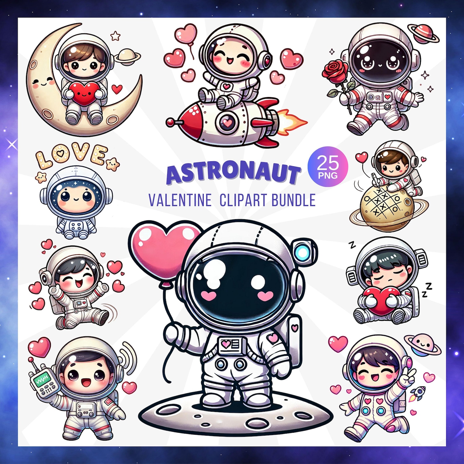 Astronaut Valentine Clipart Bundle - 25 PNG Cute Space Lovers, Kawaii ...