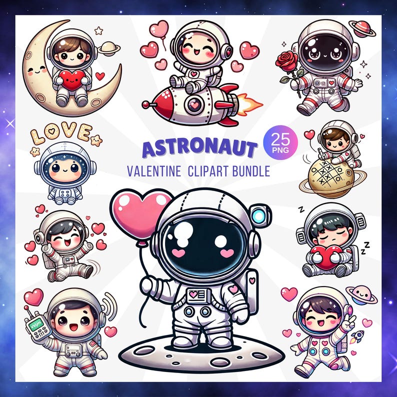 Kawaii Astronaut Valentine Clipart – 25 PNG Space Lover Graphics ...
