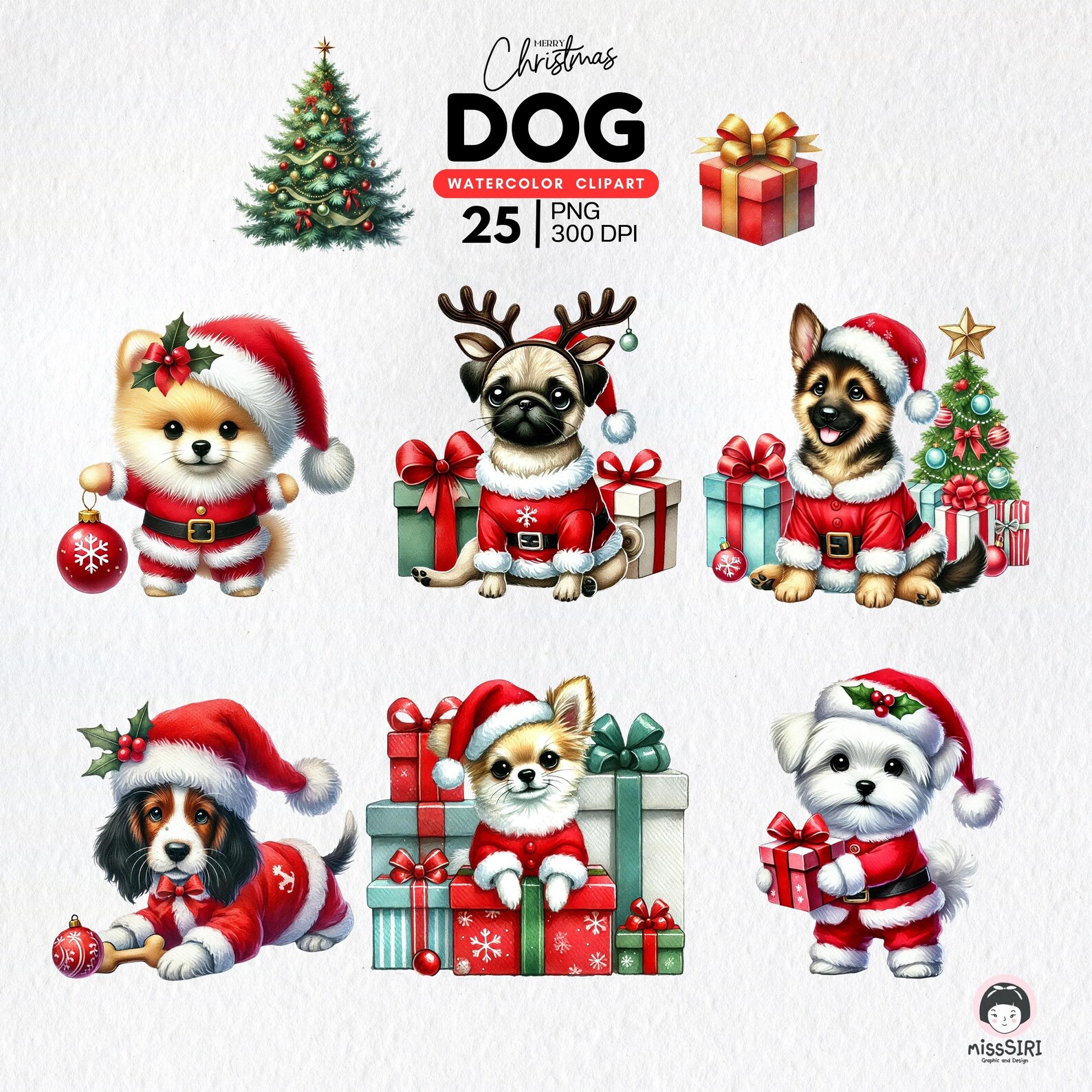 Christmas Dog Clipart Bundle, 25 Watercolor Dog PNG - Etsy