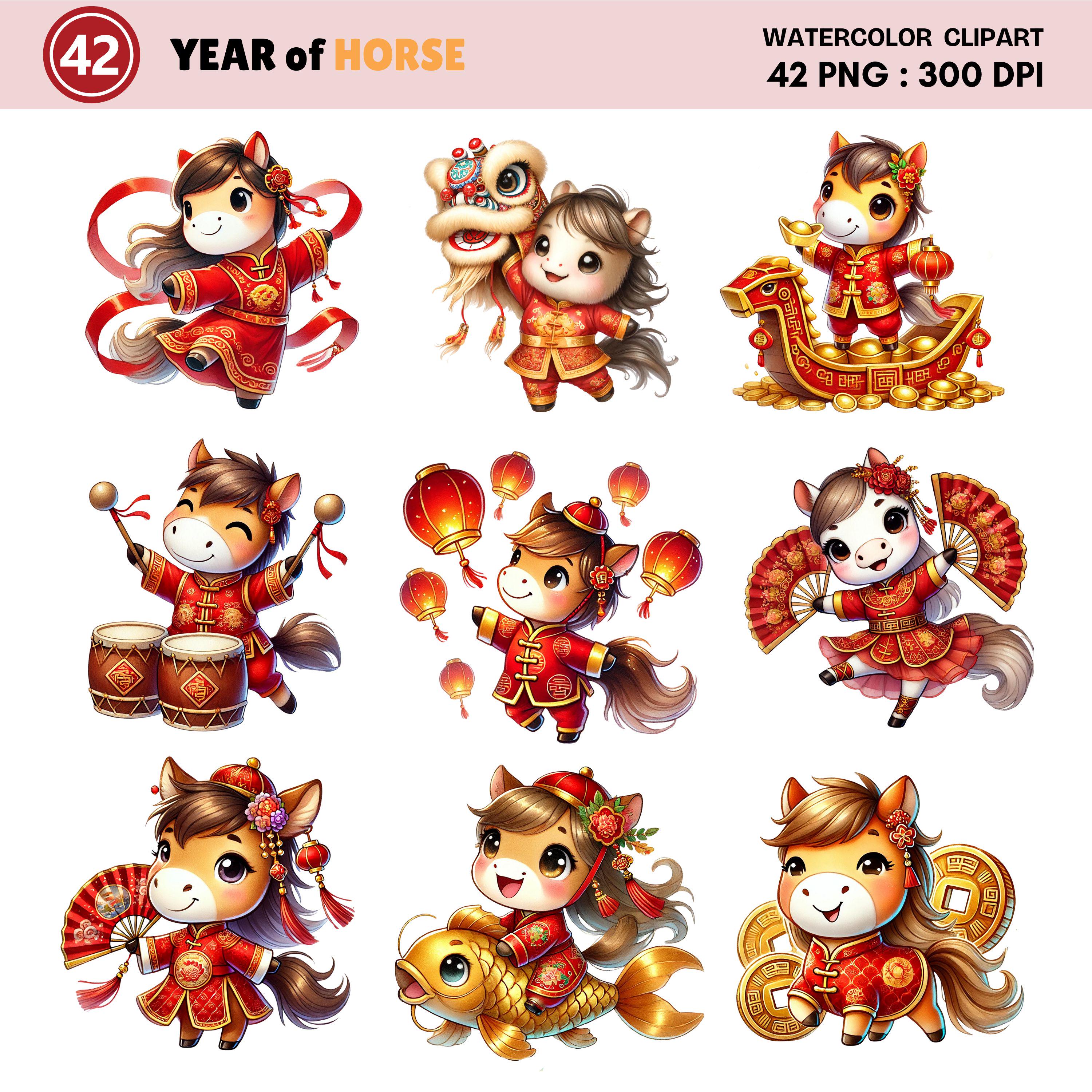 Chinese New Year Horse Clipart Bundle | 42 Watercolor Pngs for Lunar ...