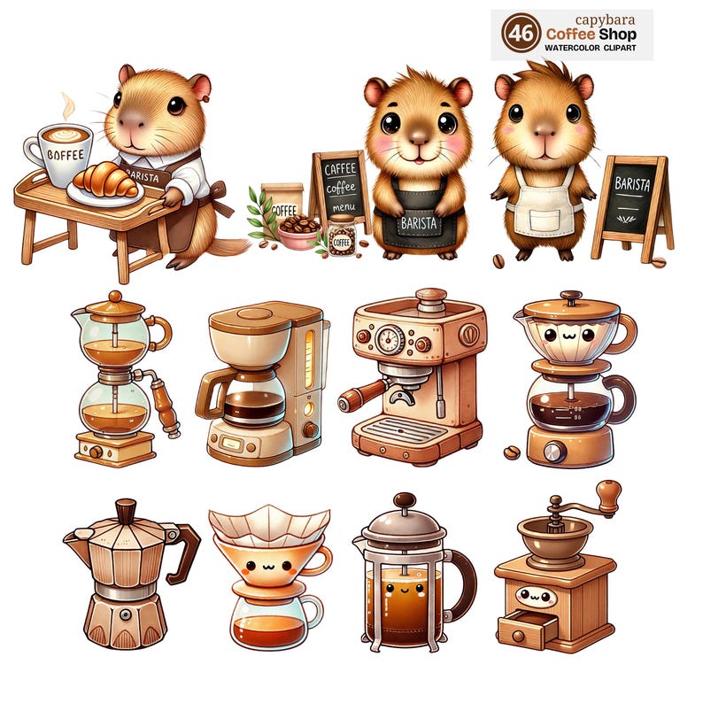 Capybara Coffee Shop Watercolor Clipart – 46 PNG Cozy Cafe ...