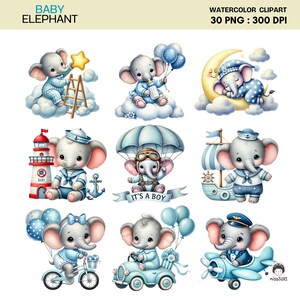 Baby Boy Elephant Clipart Set | 30 Blue Watercolor Pngs With Balloons ...