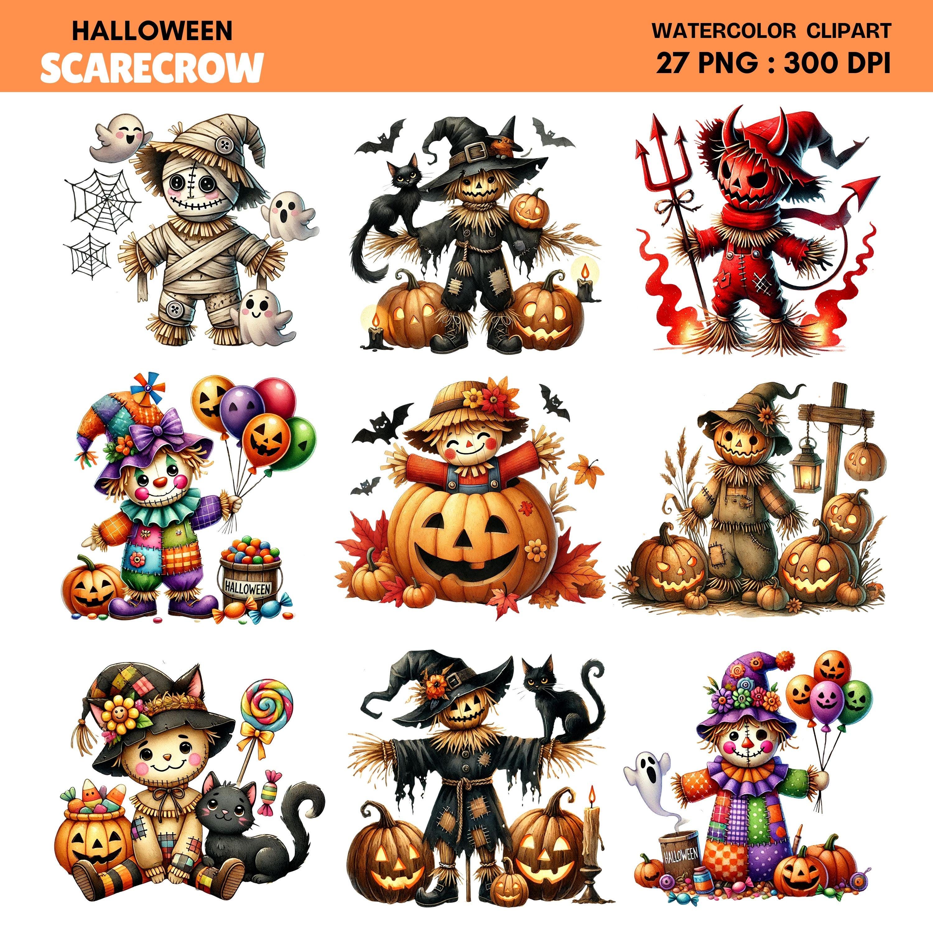 Halloween Scarecrow Clipart Set | 27 Watercolor Pngs of Cute and Spooky ...