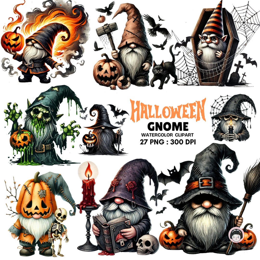 Halloween Gnome Clipart Set | 27 Watercolor Pngs of Spooky Gnomes With ...