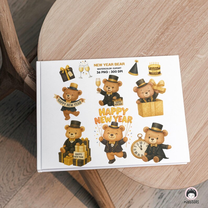 Happy New Year Bear Watercolor Clipart Set - Etsy