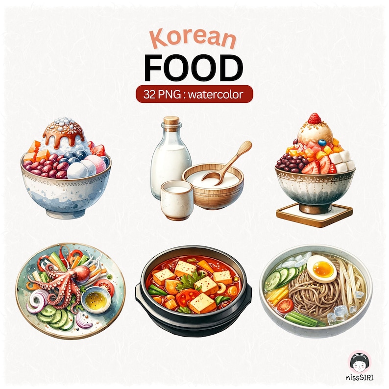 Korean Food Watercolor Clipart Set, 32 PNG Korean Cuisine Illustrations ...
