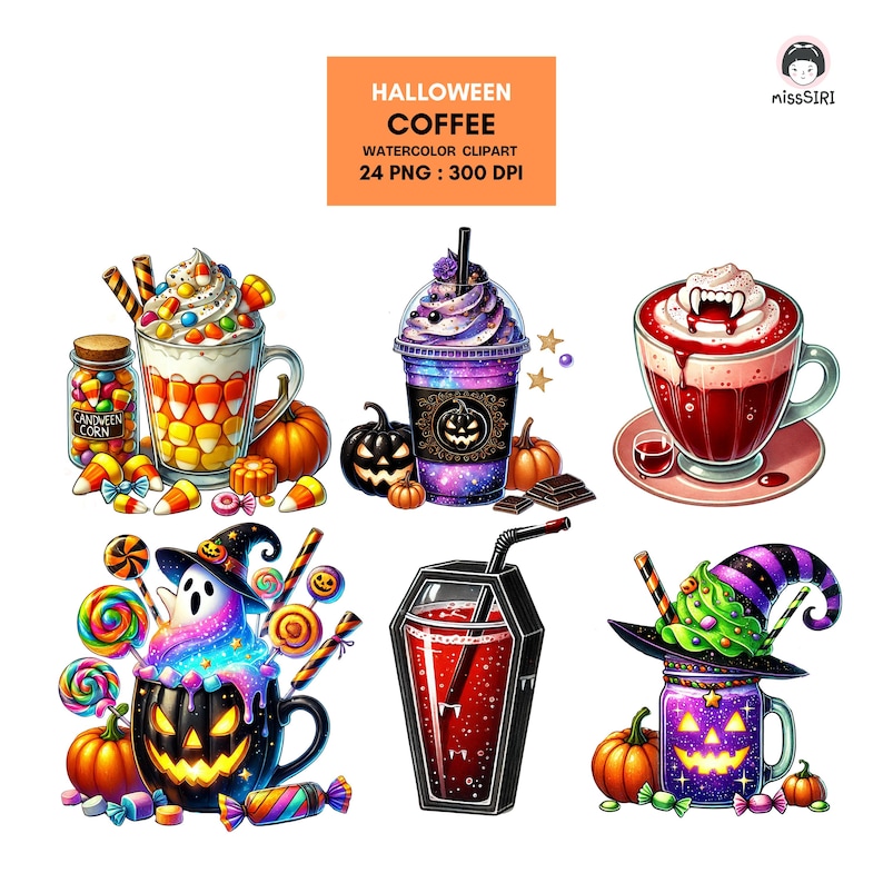 Halloween Coffee Clipart Bundle | 24 Watercolor Pngs With Spooky Lattes ...
