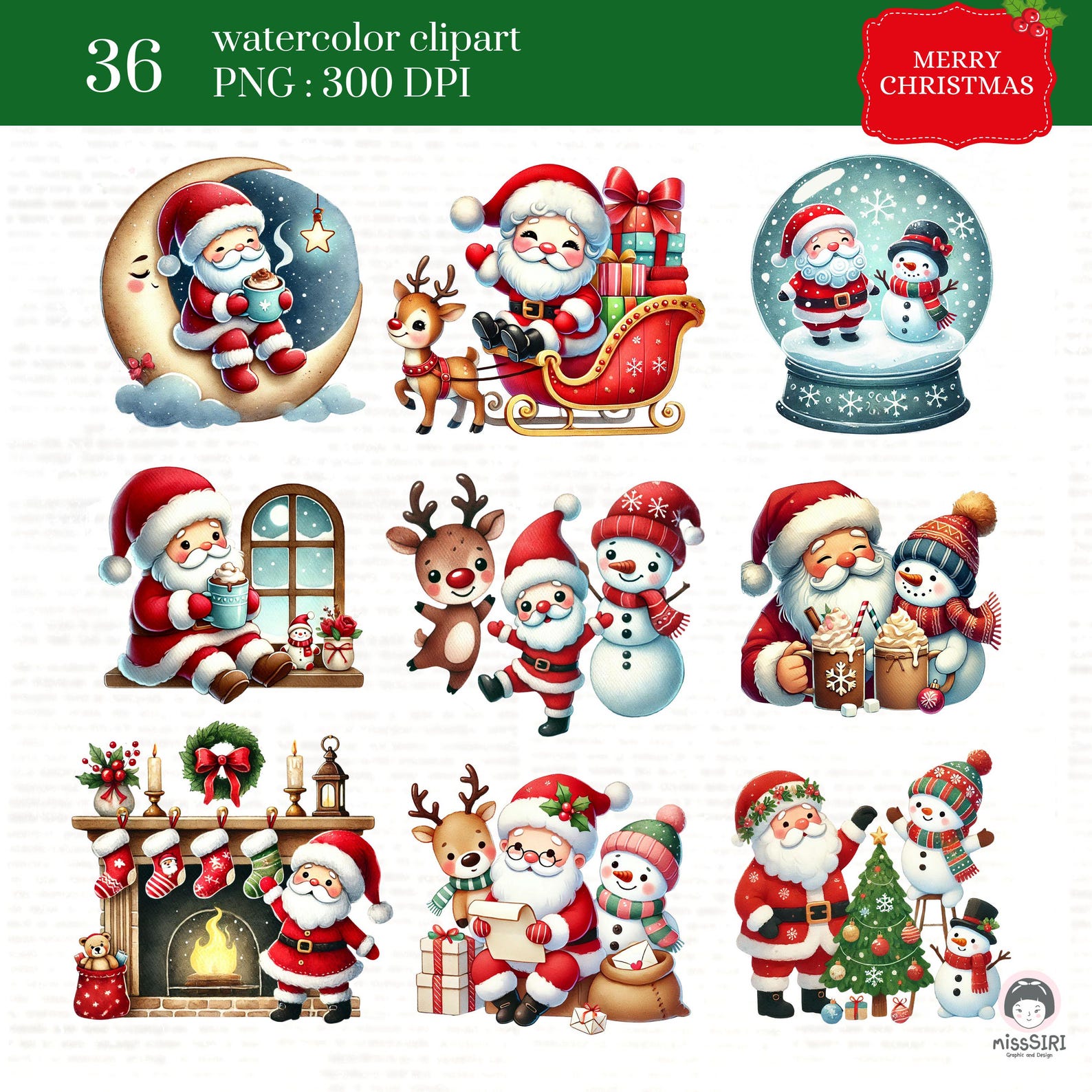 Merry Christmas Santa Watercolor Clipart Bundle, 36 PNG Holiday Set ...