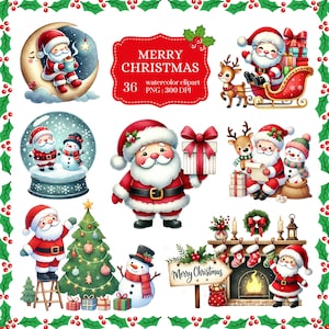 Merry Christmas Santa Watercolor Clipart Bundle, 36 PNG Holiday Set ...