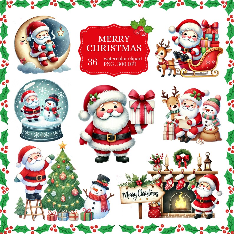 Merry Christmas Santa Watercolor Clipart Bundle, 36 PNG Holiday Set ...