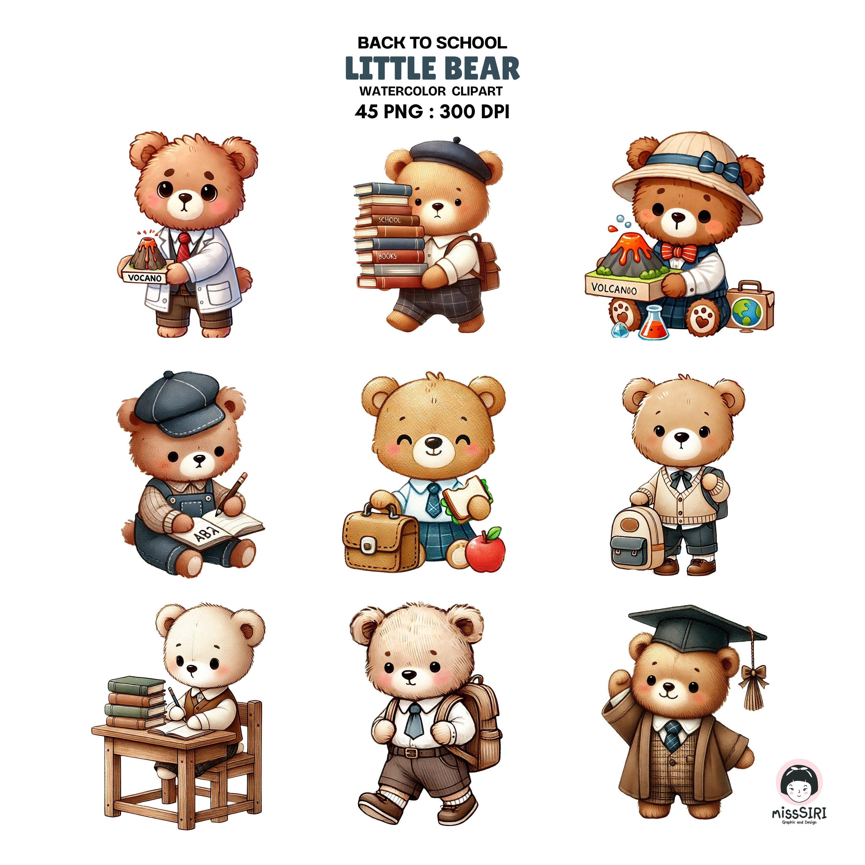 Back to School Little Bear Watercolor Clipart Bundle Featuring Cute ...