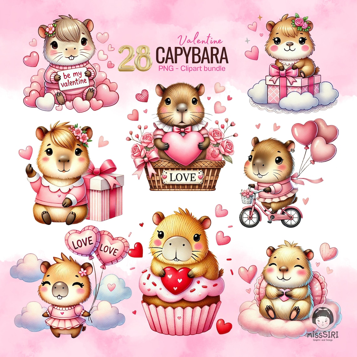 Valentine Capybara Clipart Bundle, 28 Cute Capybara PNG Files, Adorable ...