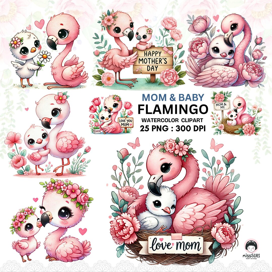 Mom and Baby Flamingo Clipart Set | 25 Watercolor Pngs for Mother’s Day ...