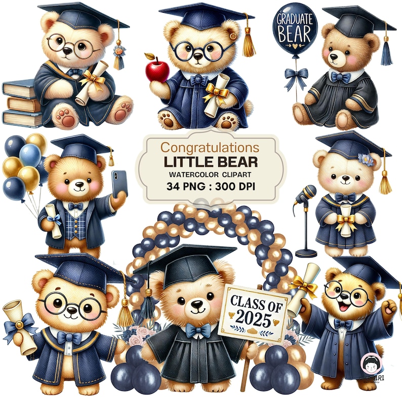 Little Bear Graduation Clipart Set | 34 Watercolor Pngs of Cute Bears ...
