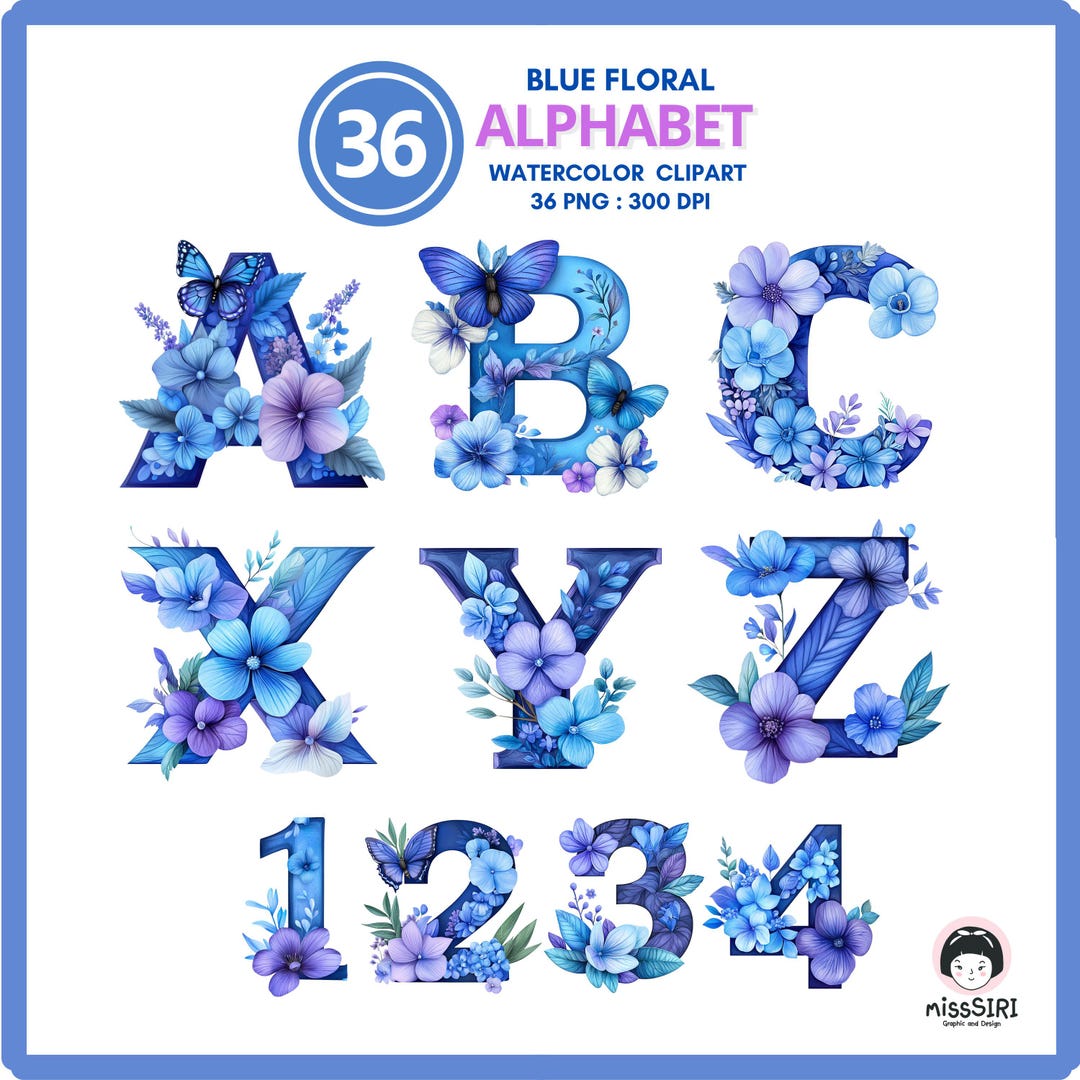 Blue Floral Alphabet Clipart Set, 36 PNG Letters and Numbers ...