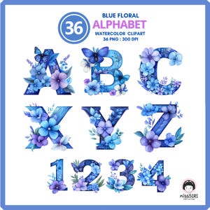 Blue Floral Alphabet Clipart Set, 36 PNG Letters and Numbers ...