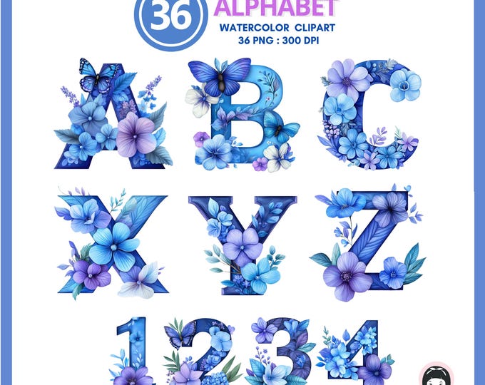 Blue Floral Watercolor Alphabet Clipart: A-Z Letters, 0-9 Numbers ...