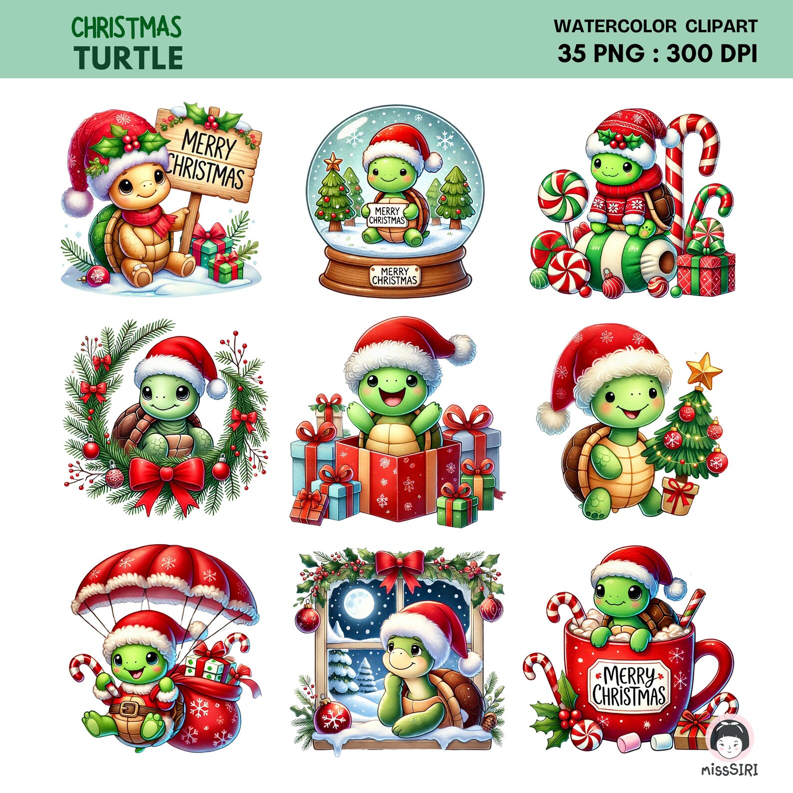 Christmas Turtle Watercolor Clipart Set | 35 PNG Cute Holiday Turtles ...