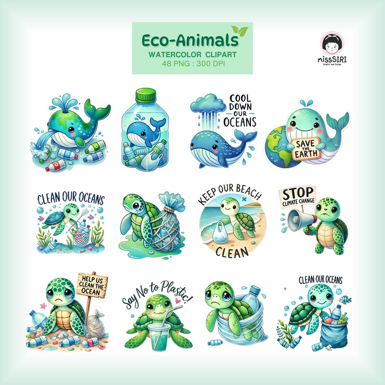 Eco Animals Watercolor Clipart Bundle - 48 PNG Files, Save the Earth ...