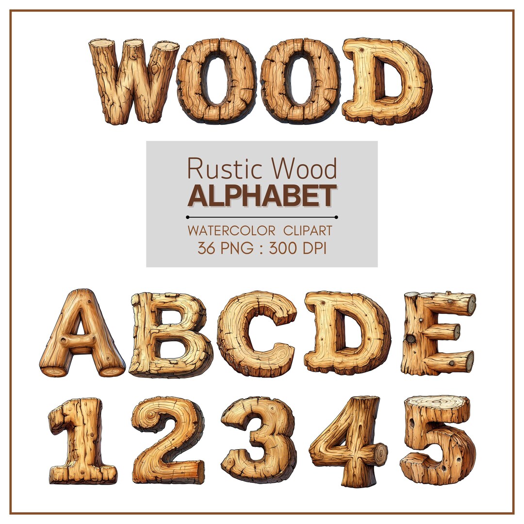 Rustic Wood Alphabet Clipart Set – Watercolor Letters & Numbers – 36 ...