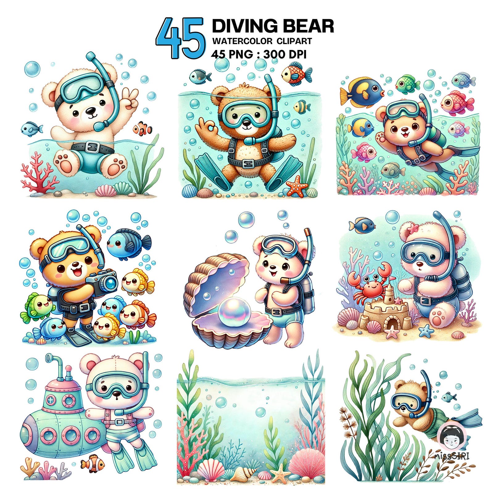 Diving Bear Clipart Bundle – 45 Underwater Adventure Watercolor Pngs ...