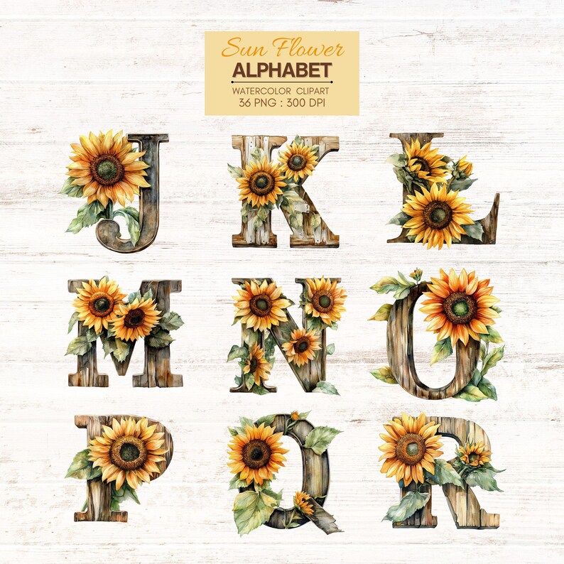 Sunflower Alphabet Watercolor Clipart Set – Rustic Floral Letters ...